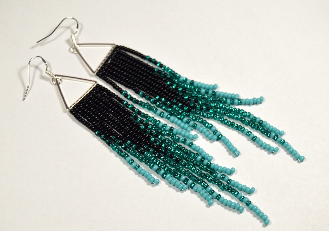 Beaded Earrings Turquoise Earrings Emerald and Black Color - Etsy