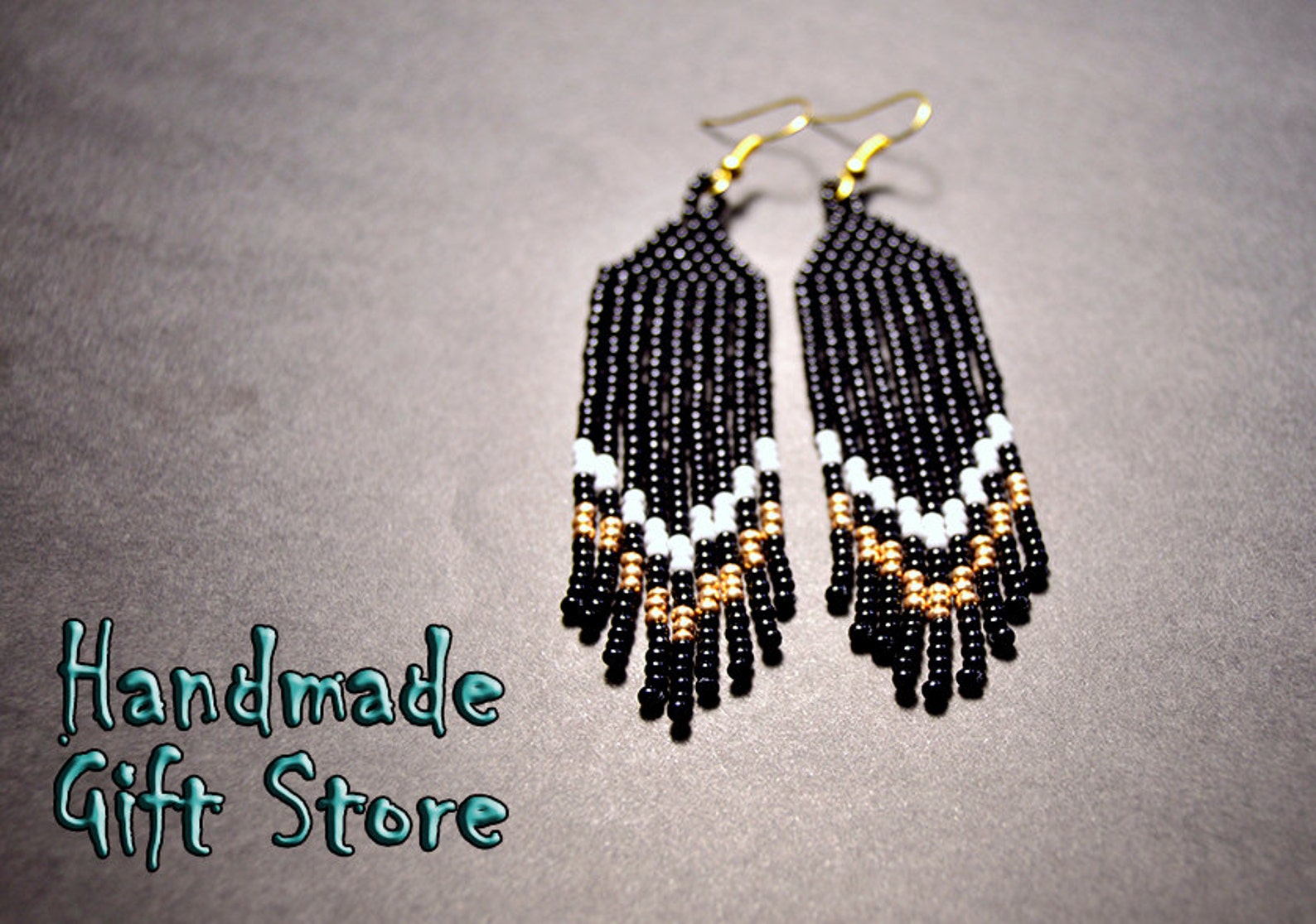 Beaded Black Gold White Long Fringe Earrings - Etsy