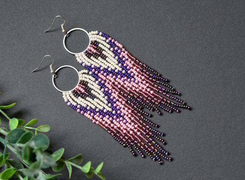 Long beaded earrings Hoop earrings Bead tassel earrings | Etsy