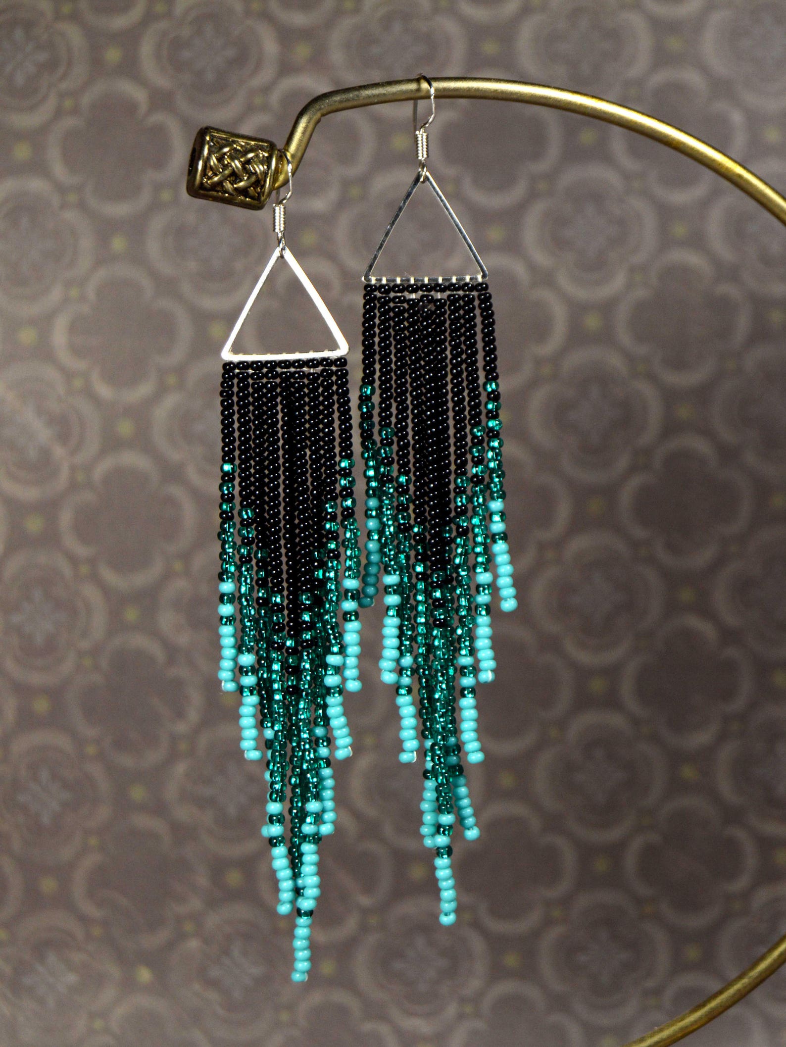 Beaded Earrings Turquoise Earrings Emerald and Black Color - Etsy