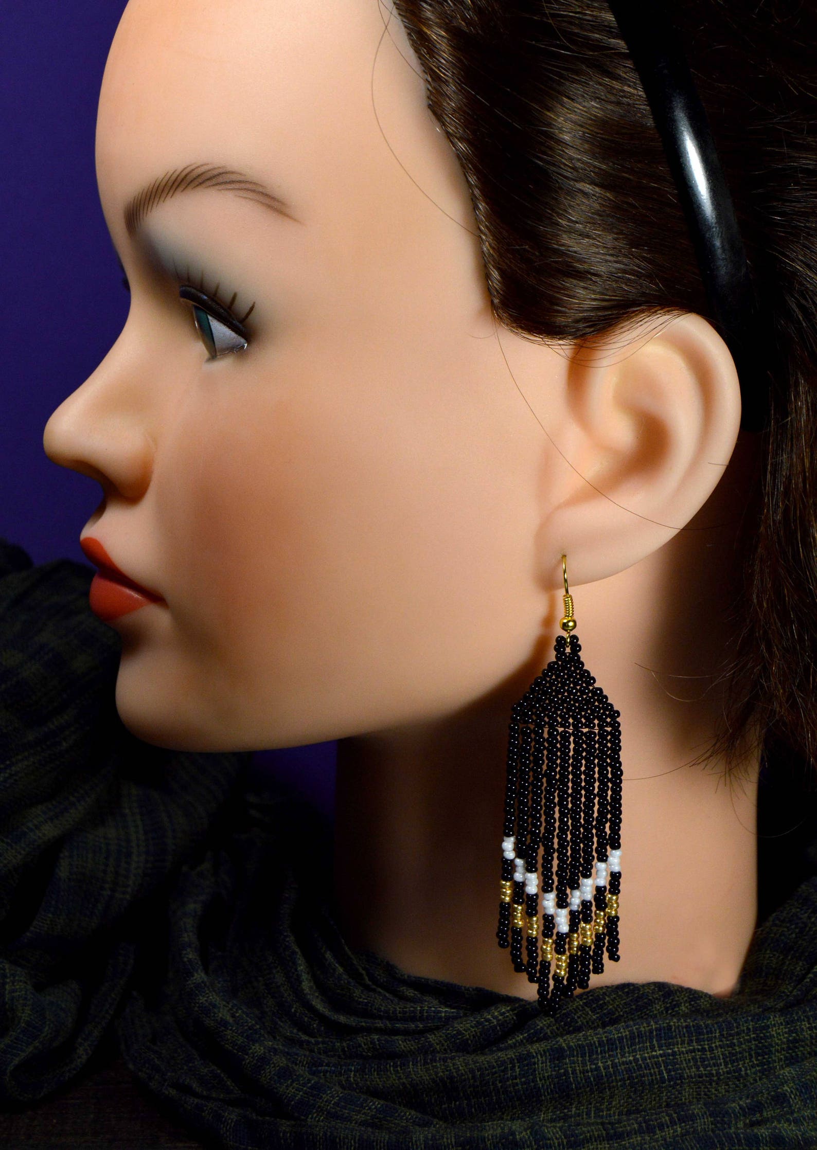 Beaded black gold white long fringe earrings | Etsy