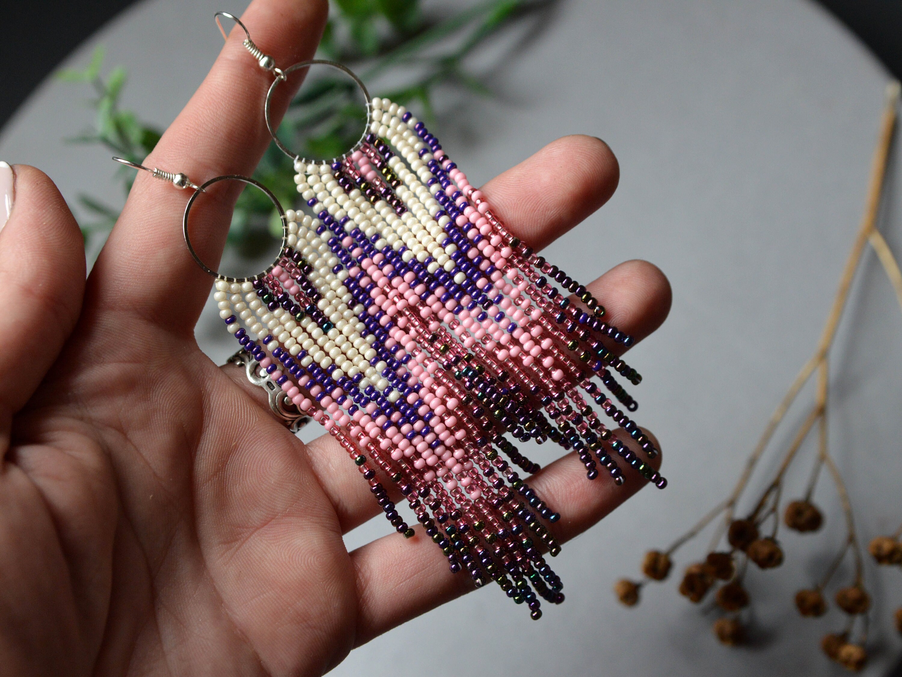 Long beaded earrings Hoop earrings Bead tassel earrings | Etsy