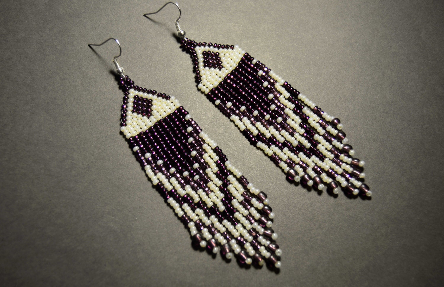 Seed bead earrings Long beaded earrings Beige purple tassel | Etsy