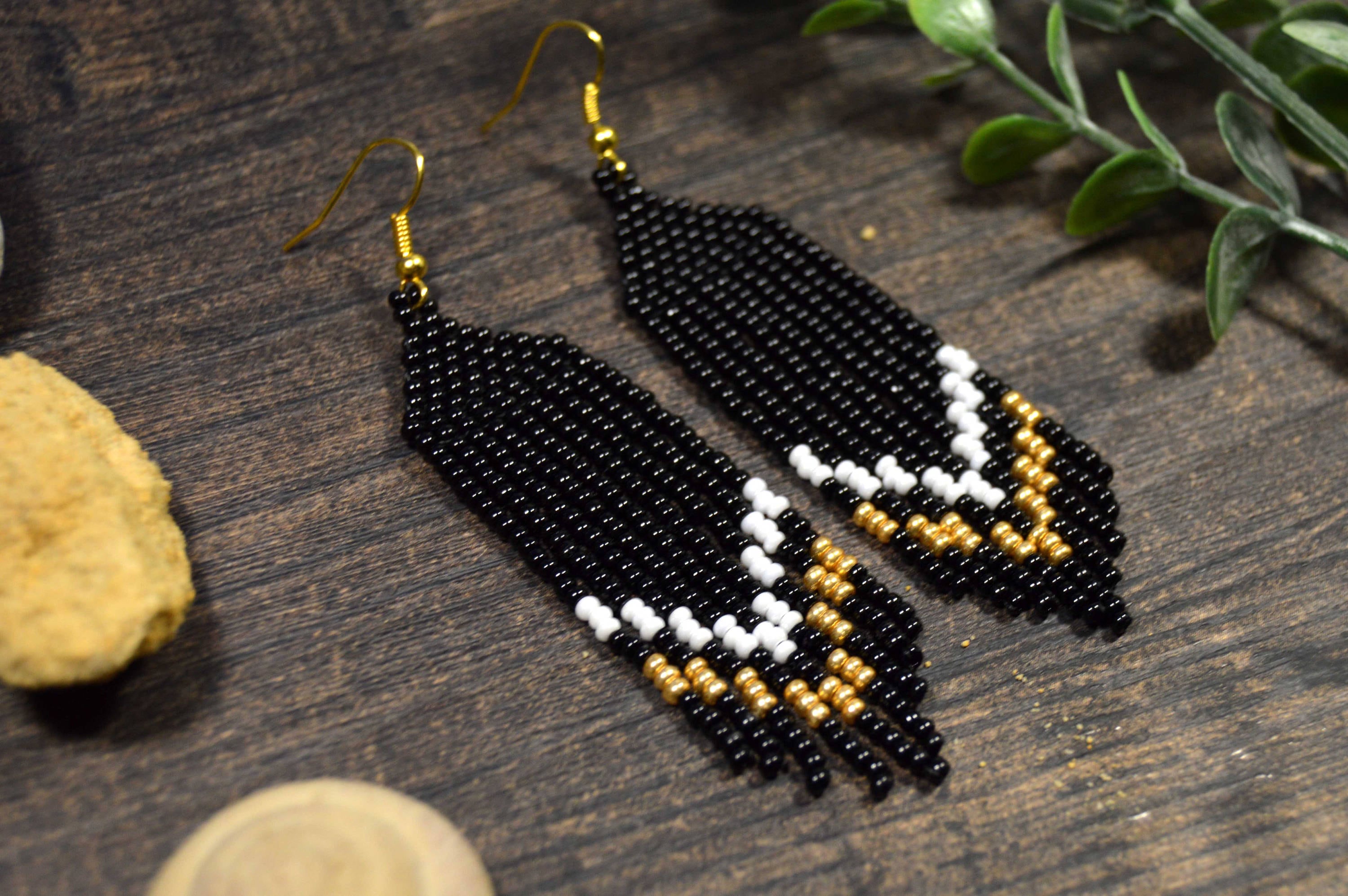 Beaded Black Gold White Long Fringe Earrings - Etsy
