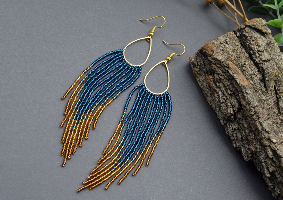 Shiny Gold, Navy Blue Seed Bead Long Earrings, Beaded Earrings,fringe ...