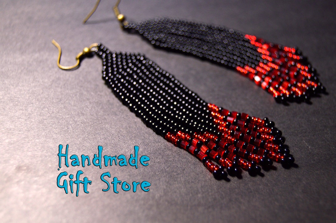 Beaded Earrings Black Red Fringe Earrings - Etsy