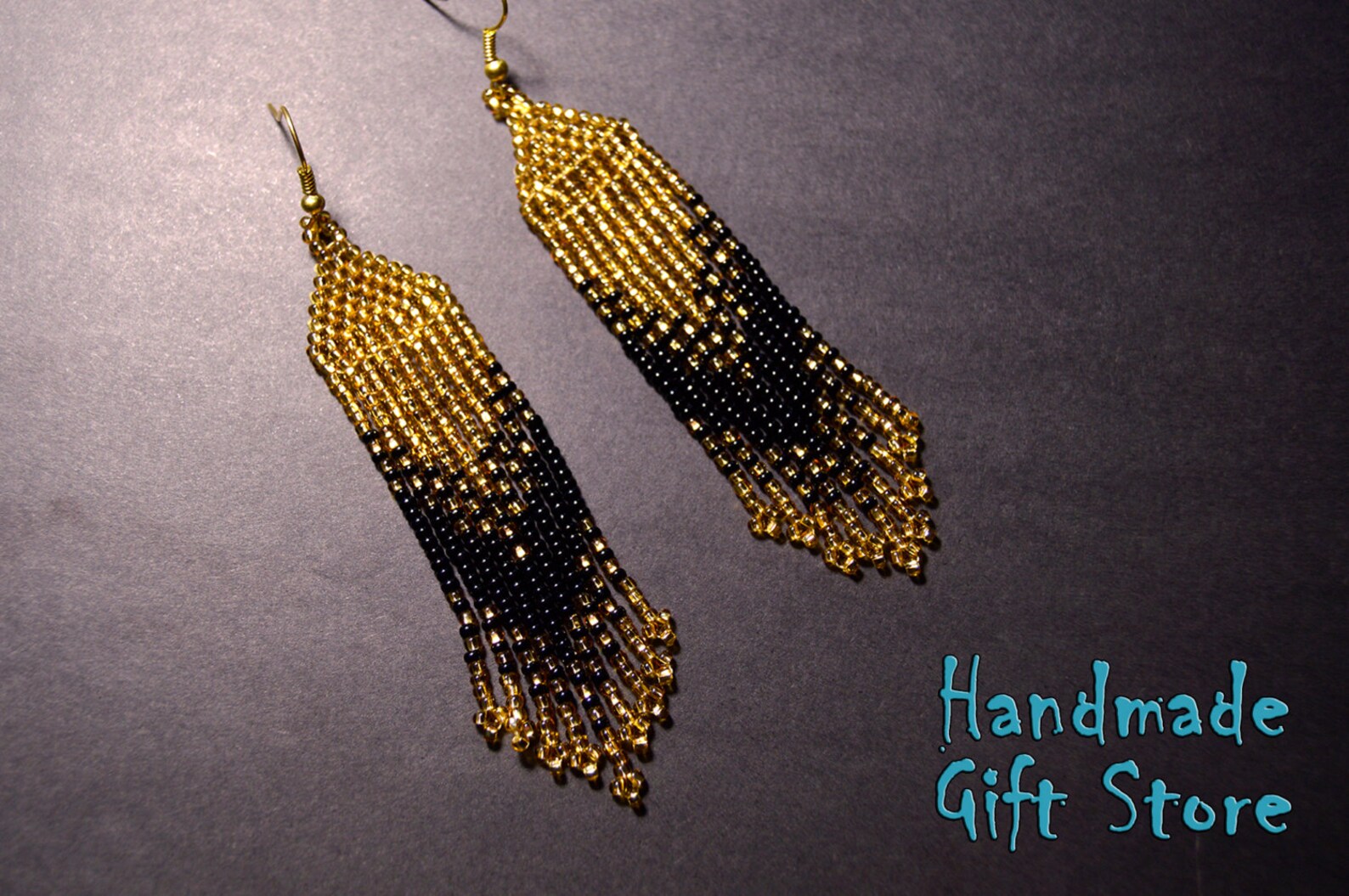 Gold and Black Beaded Earrings, Fringe Seed Bead Earrings - Etsy