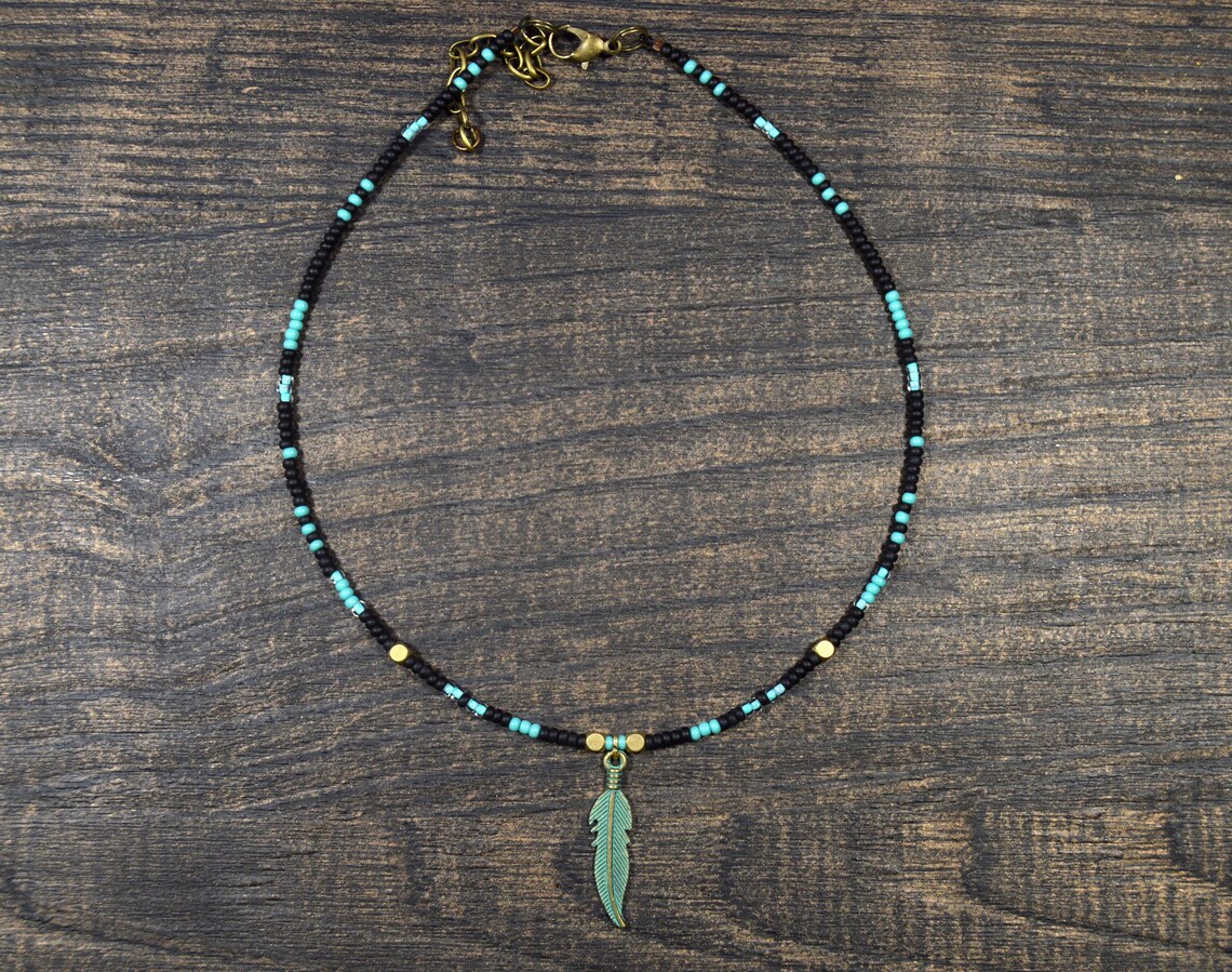 Feather beaded choker necklace | Etsy