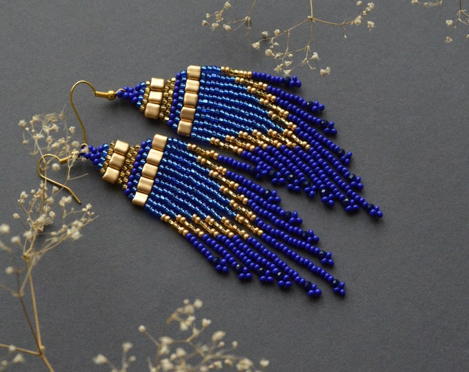 Gold Blue Long Beaded Earrings, Fringe Earrings, Beaded Dangling ...