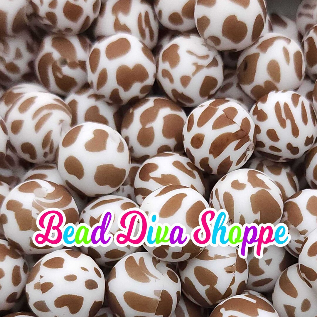 Set of 10 15mm BROWN COW PRINT Round Silicone Beads for Diy and Jewelry ...