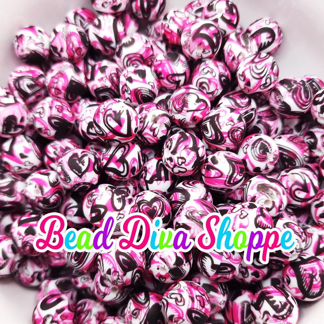 Set of 10 15mm BLACK/PINK HEART Tattoo Print Round Silicone Beads for ...