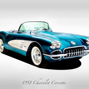 Classic Cars - 1958 Chevrolet Corvette - Turquoise - Print - Etsy