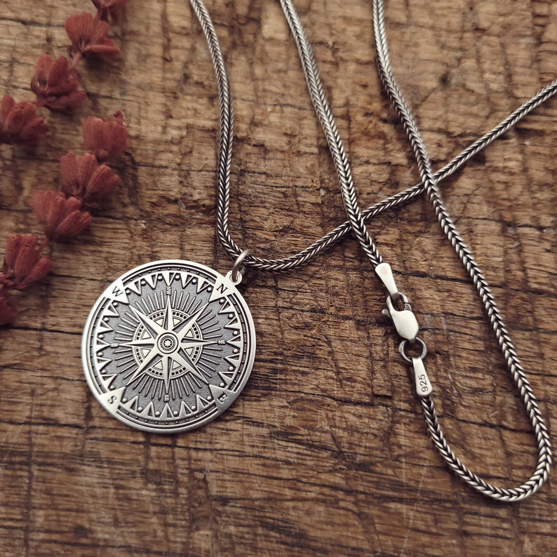 Engraved Silver Compass Necklace, Detail Compass Pendant, Gold Nort ...