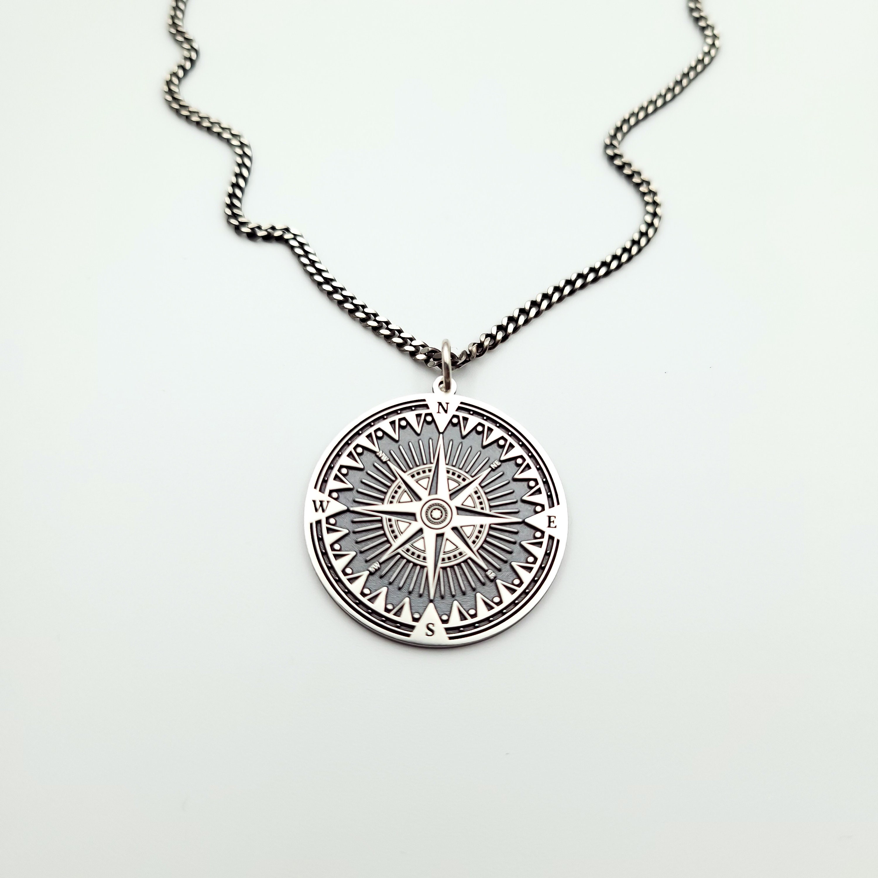 Engraved Silver Compass Necklace, Detail Compass Pendant, Gold Nort ...