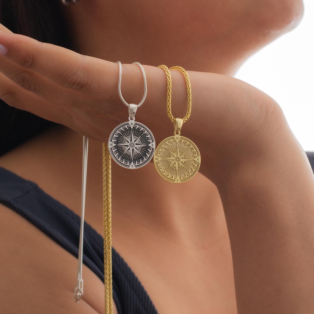 Engraved Silver Compass Necklace, Detail Compass Pendant, Gold Nort ...