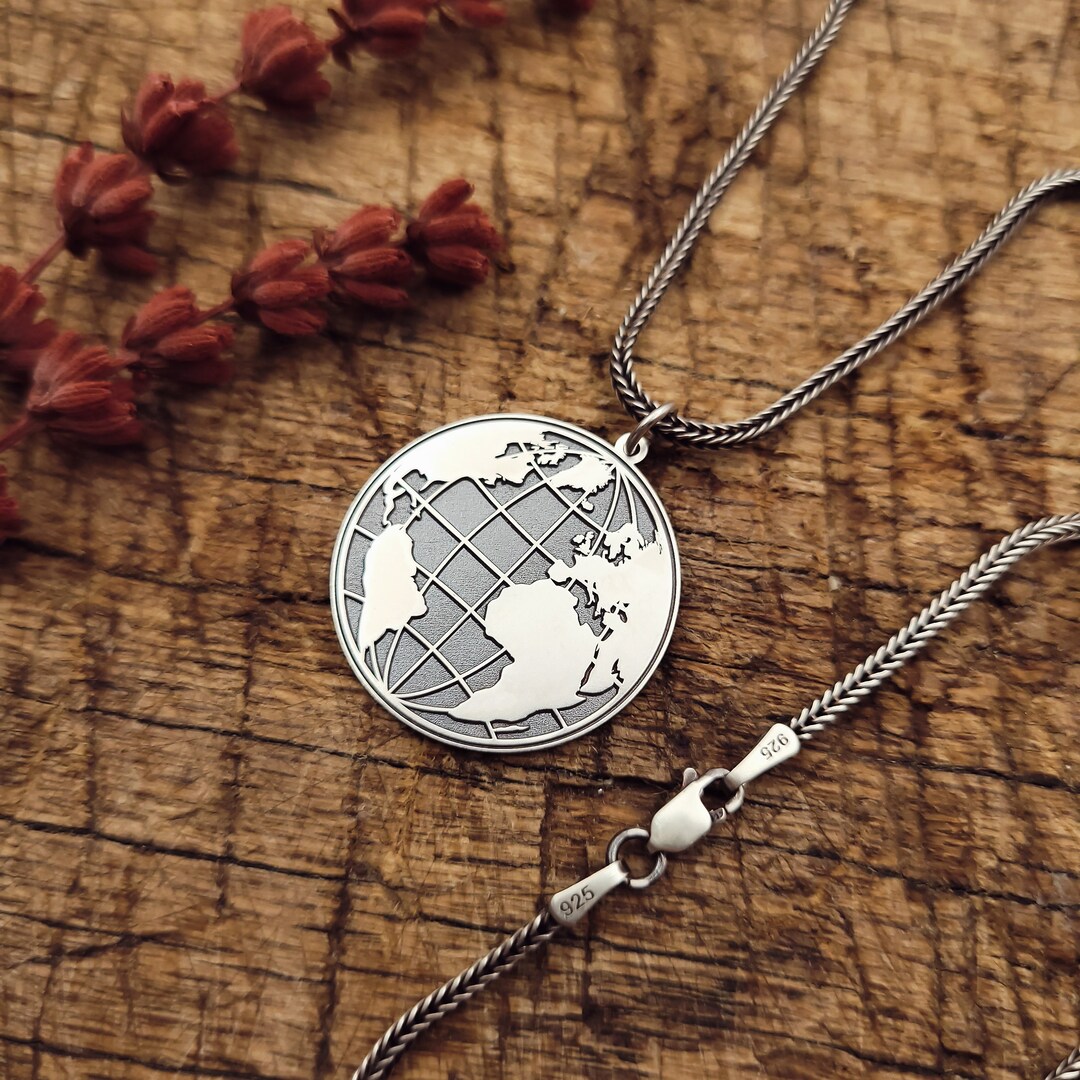 World Map Necklace Sterling Silver, Planet Earth Pendant, Gold ...
