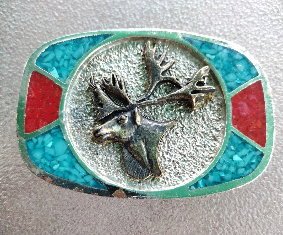 Vintage Elk Moose Belt Buckle With Inlaid Turquoise & Coral - Etsy