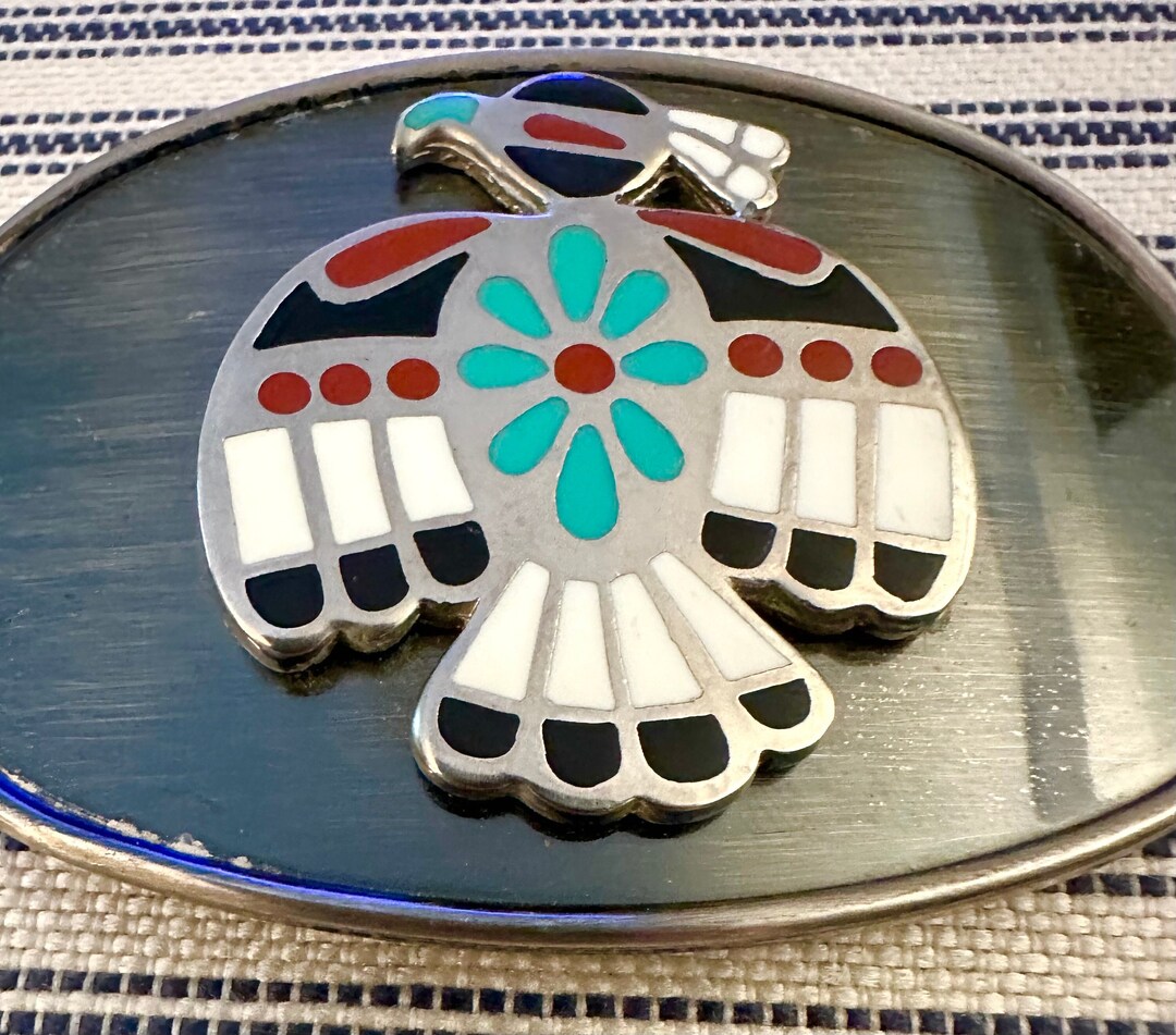 Vintage Belt Buckle Inlaid Turquoise Coral & Onyx Native American ...
