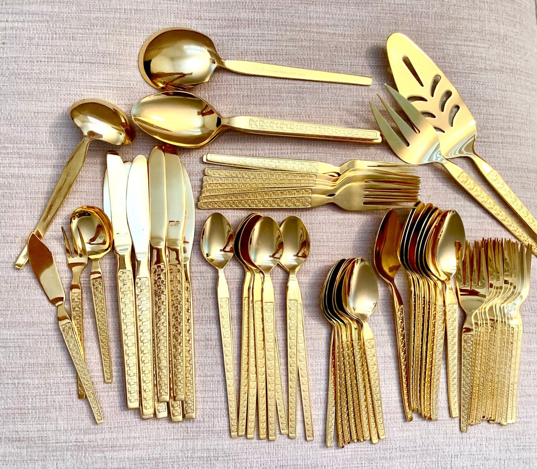 Vintage Service for 8 Gold Flatware Set With 69 Pieces Includes Iced ...