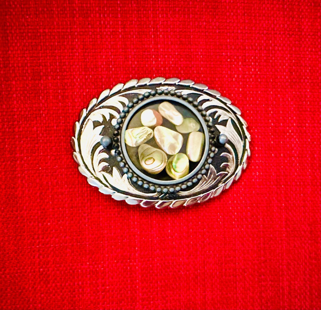 Vintage Abalone Shell Belt Buckle Black Scroll on Silver 3-dimensional ...