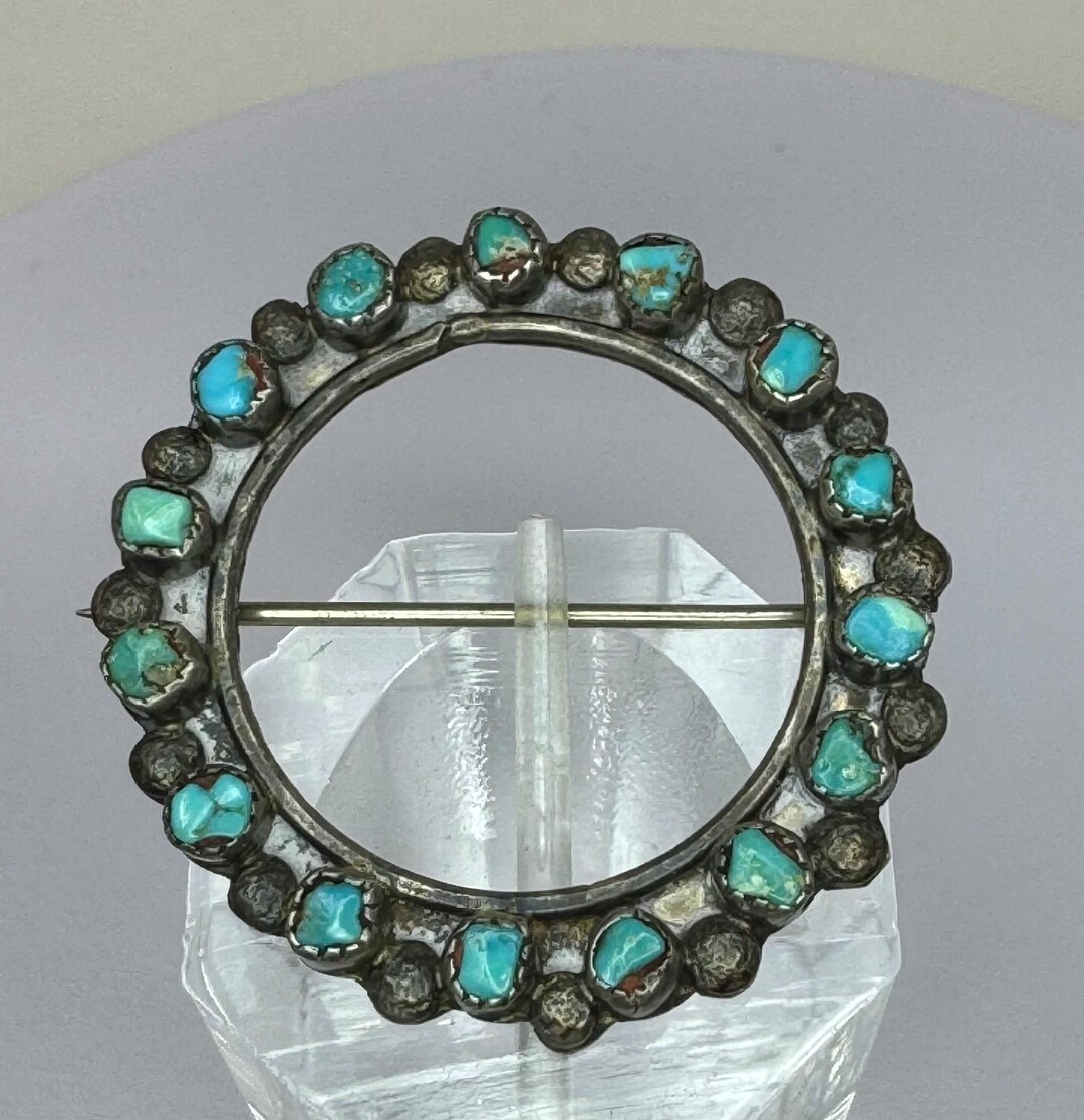 Vintage Zuni Sterling Silver Turquoise Circle Brooch - Etsy