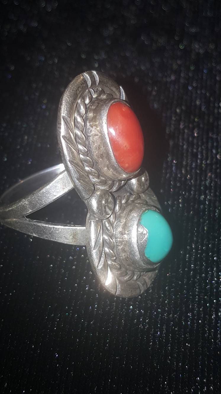 Vintage RBP Sterling Silver Turquoise and Coral Ring Raymond Platero ...