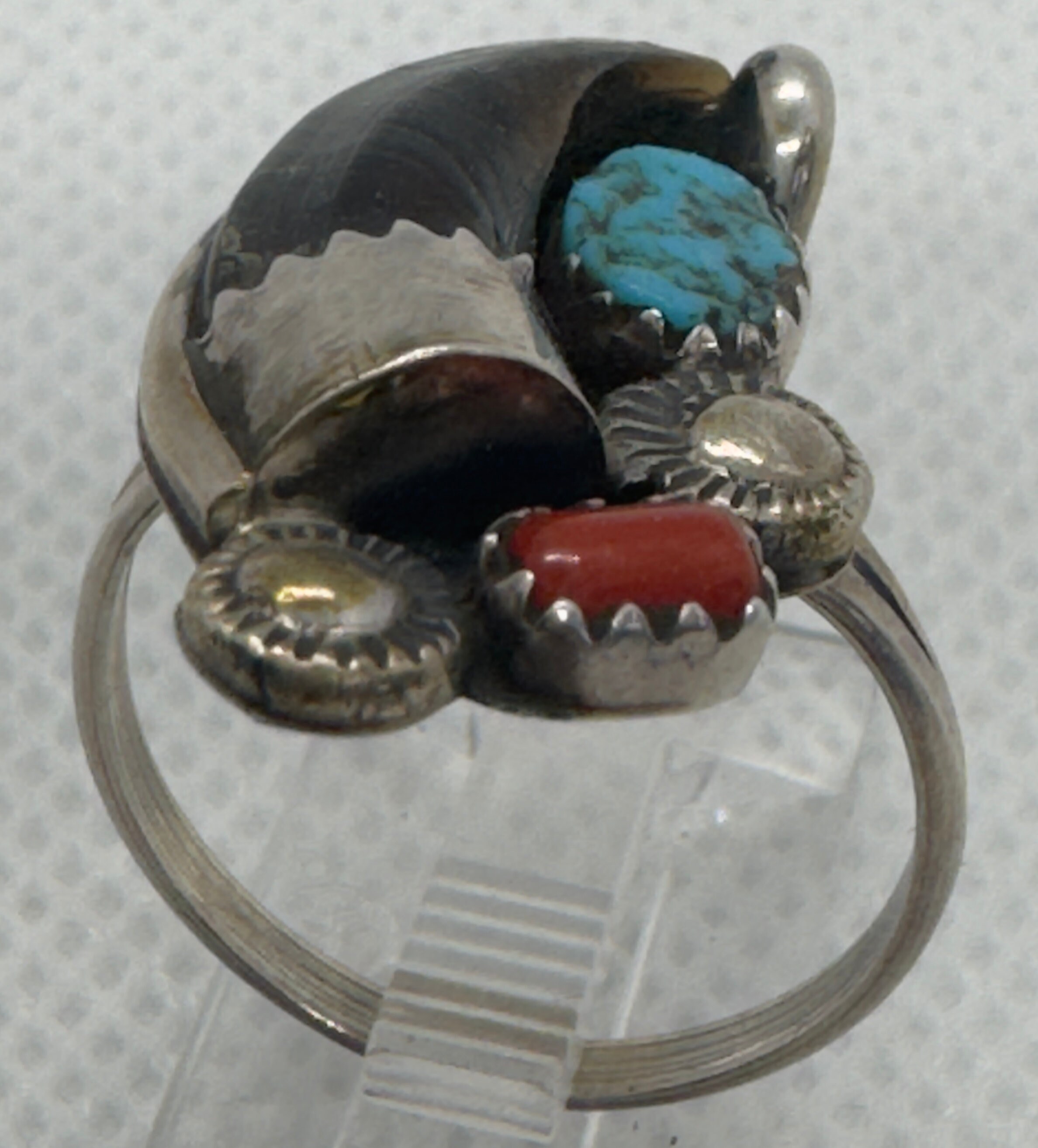 Vintage Navajo Sterling Silver Badger Claw Turquoise Coral Ring Size 7 ...