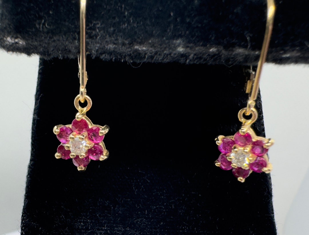 Vintage BH Effy 14K Gold Red Ruby & Diamond Dangle Flower Lever Back ...