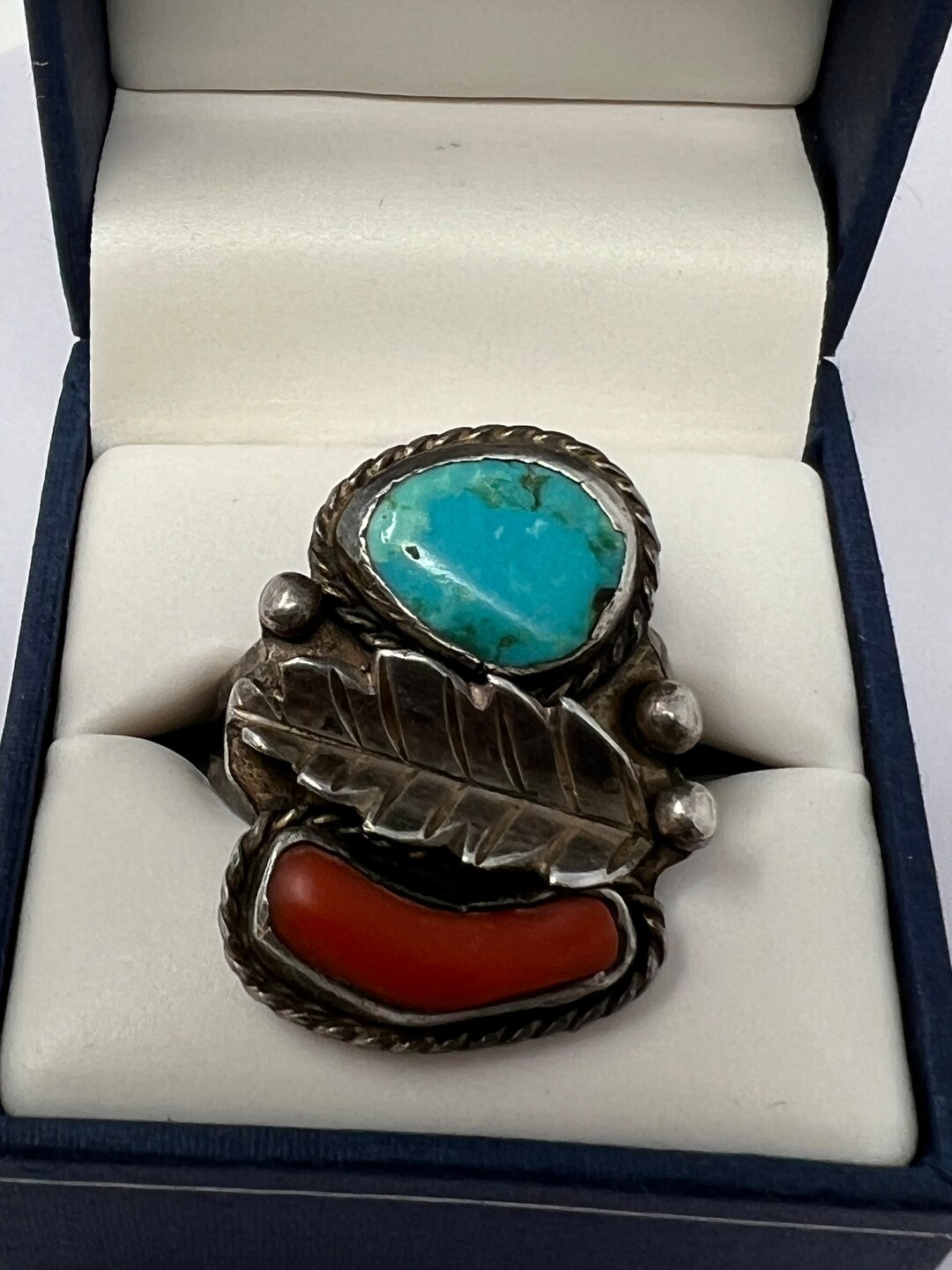 Vintage Old Pawn Navajo Sterling Silver Turquoise & Coral Feather Ring ...