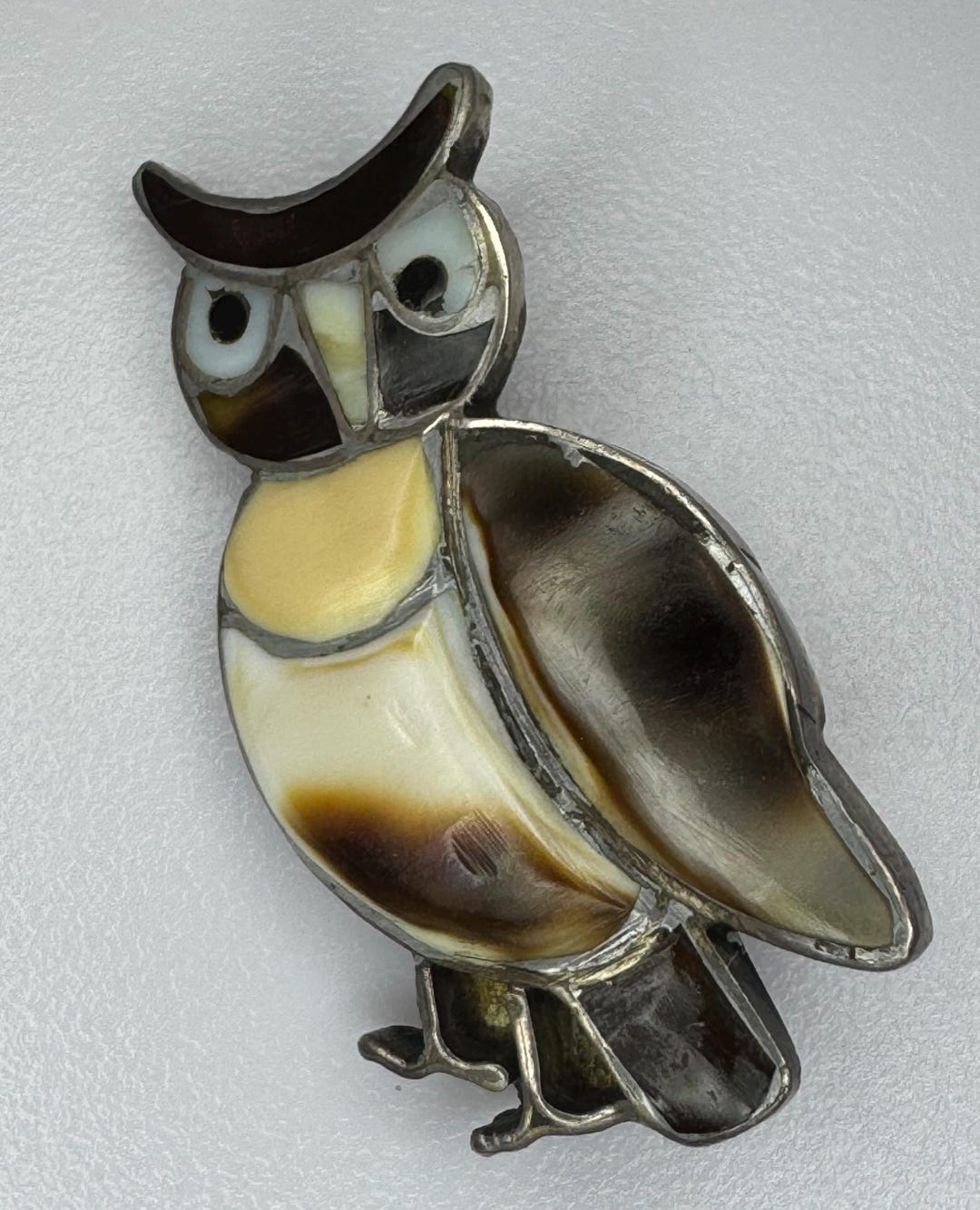 Vintage Zuni Sterling Silver Onyx , Mother of Pearl and Shell Inlay Owl ...