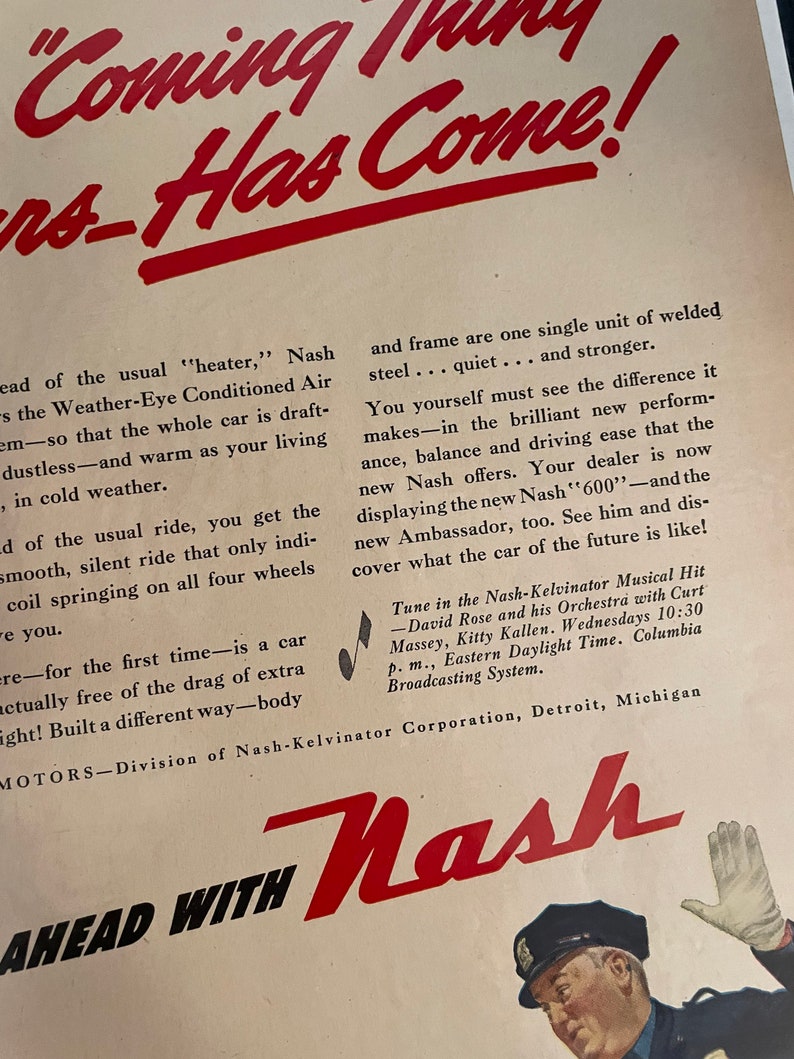 VINTAGE Original Print Ad 1946 Nash 600 Front-end Policeman Directing ...