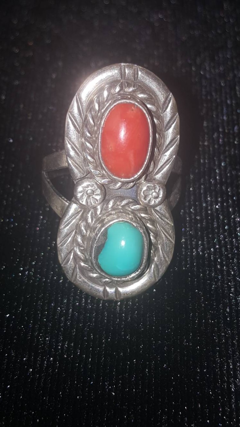 Vintage RBP Sterling Silver Turquoise and Coral Ring Raymond Platero ...