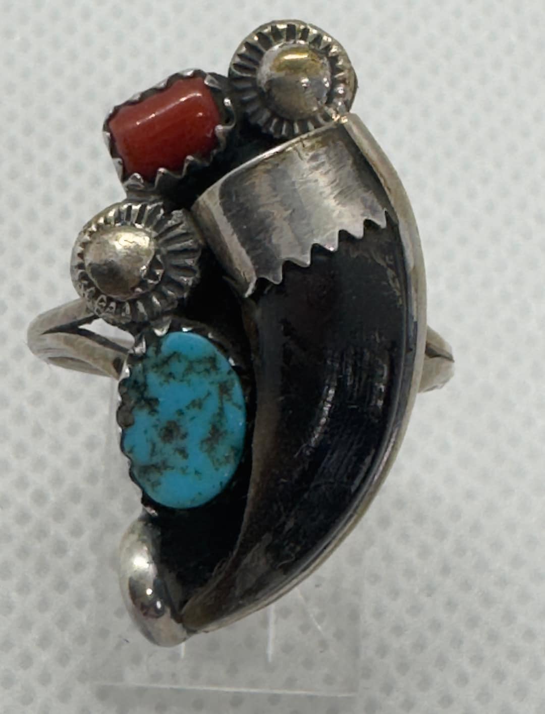 Vintage Navajo Sterling Silver Badger Claw Turquoise Coral Ring Size 7 ...