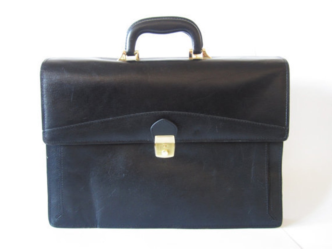 Vintage Black Leather Briefcase: Retro Laptop Bag With Golden Clasp - Etsy