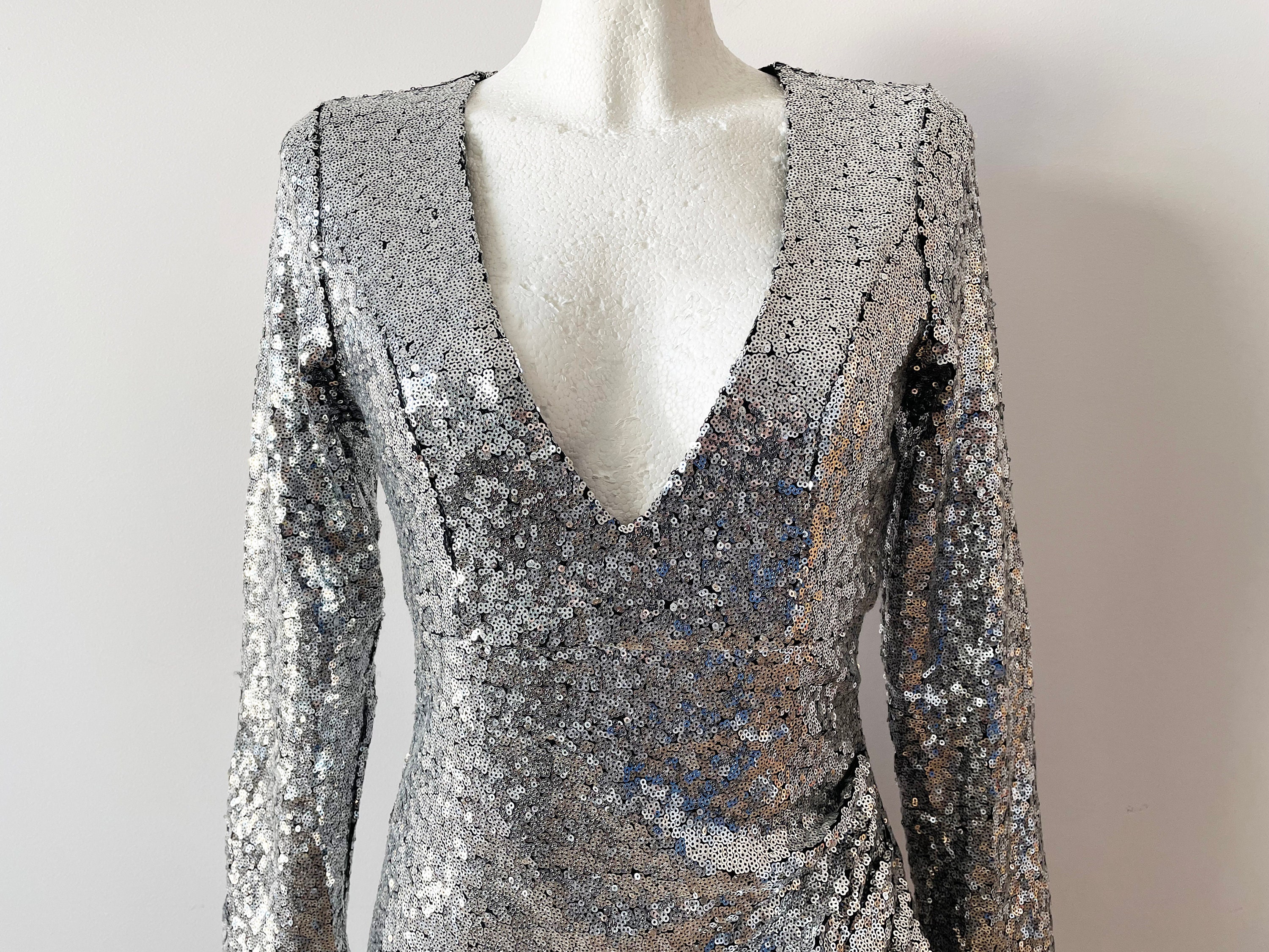 Silver Mini Dress Deep V-neck Shiny Sequins Gown Disco Party - Etsy