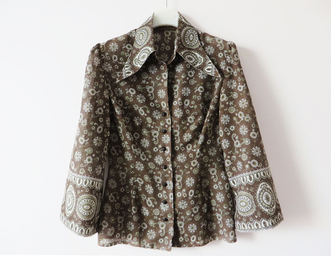 70s Pointed Collar Women Shirt Floral Summer Blouse Bell Sleeve Fitted ...