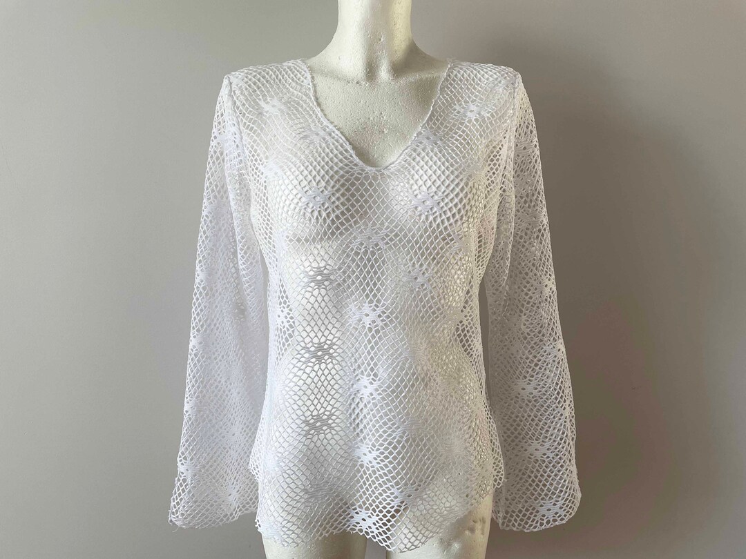 White Summer Top, Long Sleeve Tunic, Women Fishnet Blouse, See Trough ...