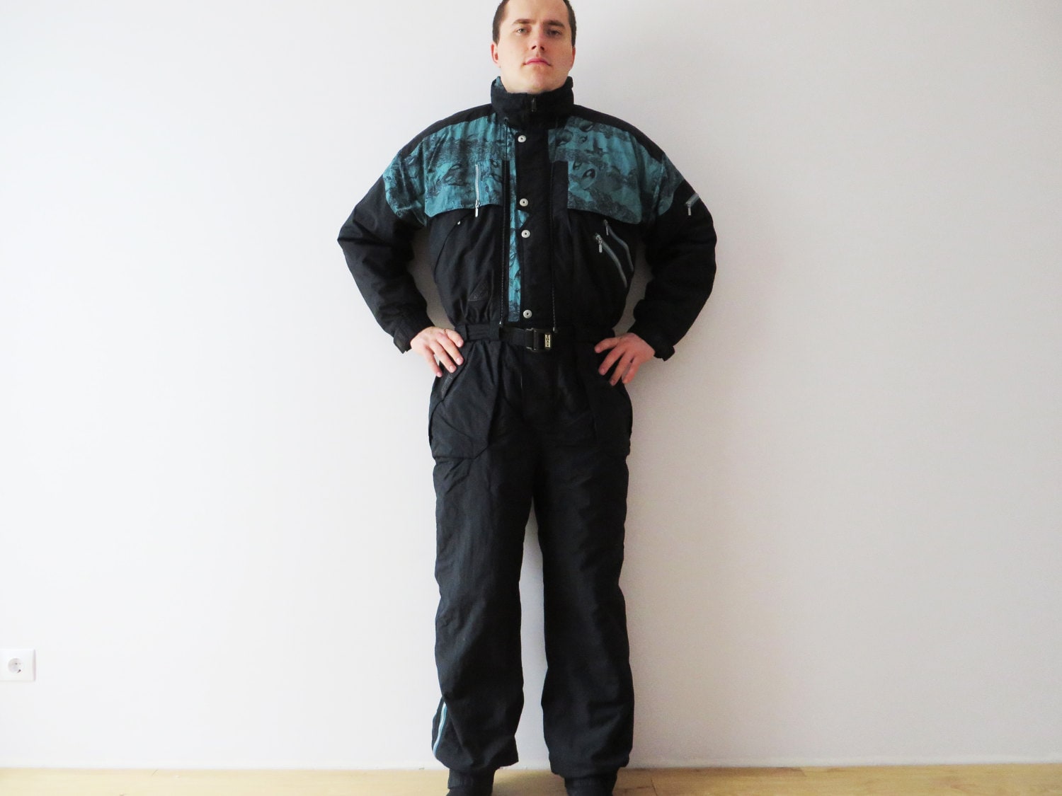 One Piece Ski Suit Black Retro Snowsuit Hipster Snow Pants Slalom ...