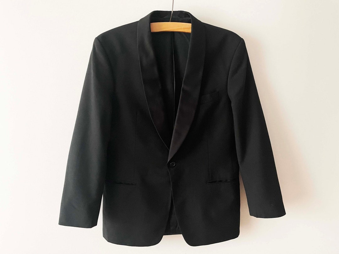 80s Black Men Tuxedo Jacket, Satin Shawl Lapel Dinner Blazer, Wool ...