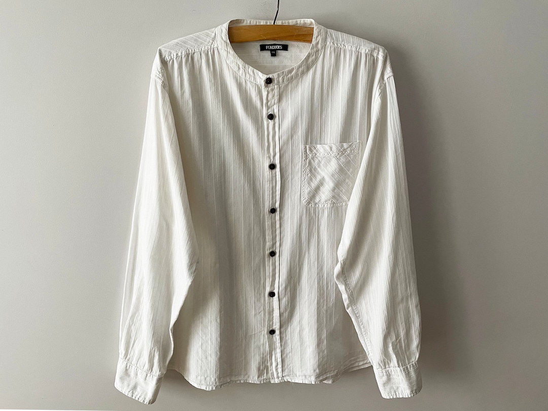 Mandarin Collar Shirt, White Men's Cotton Singlet, Long Sleeve Chemise ...