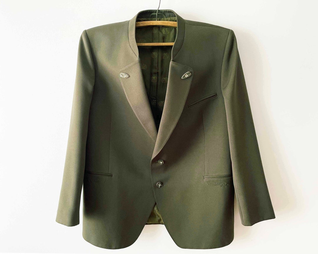 90s Khaki Loden Blazer, Men Mandarin Collar Trachten Sport Coat ...