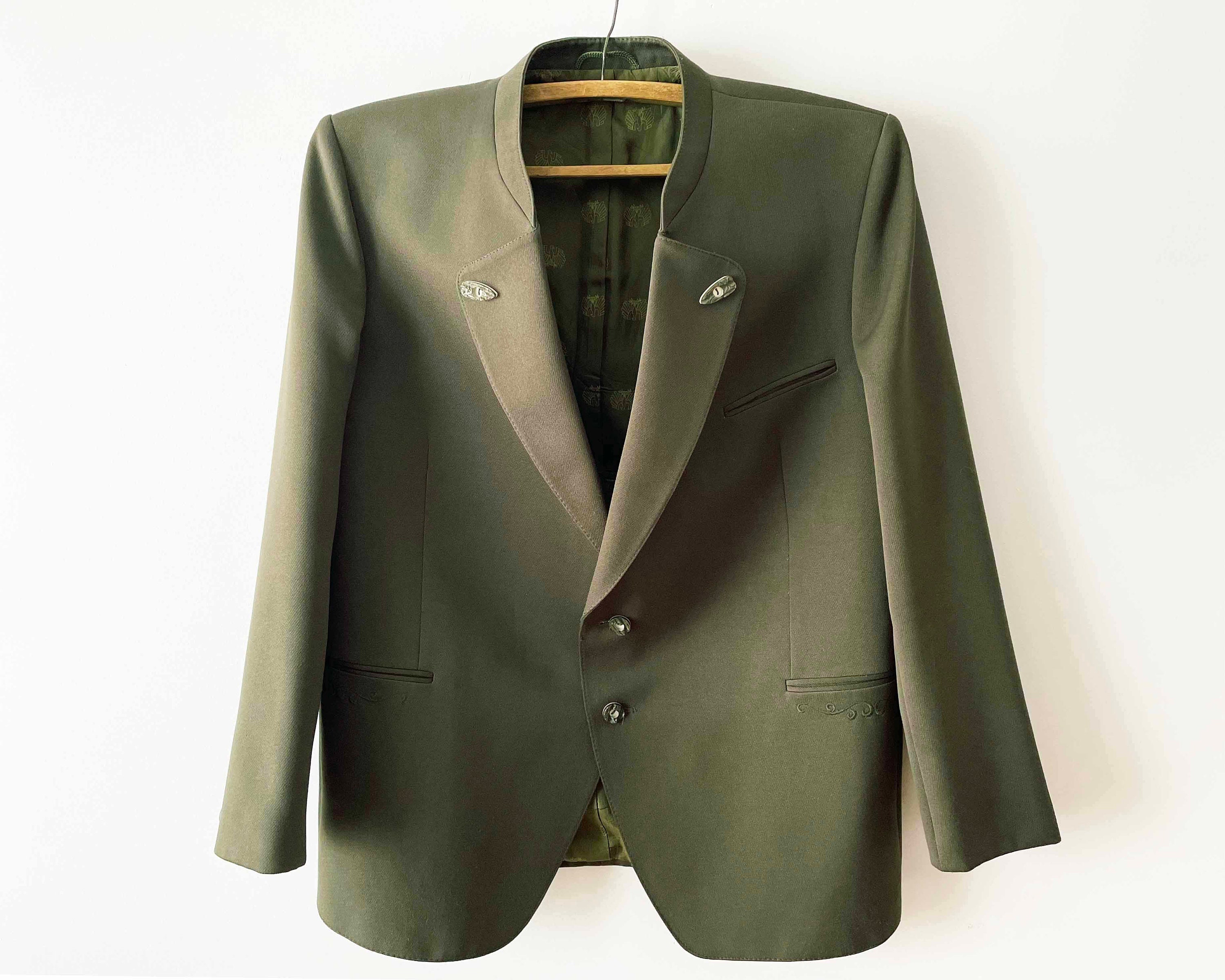 90s Khaki Loden Blazer, Men Mandarin Collar Trachten Sport Coat ...