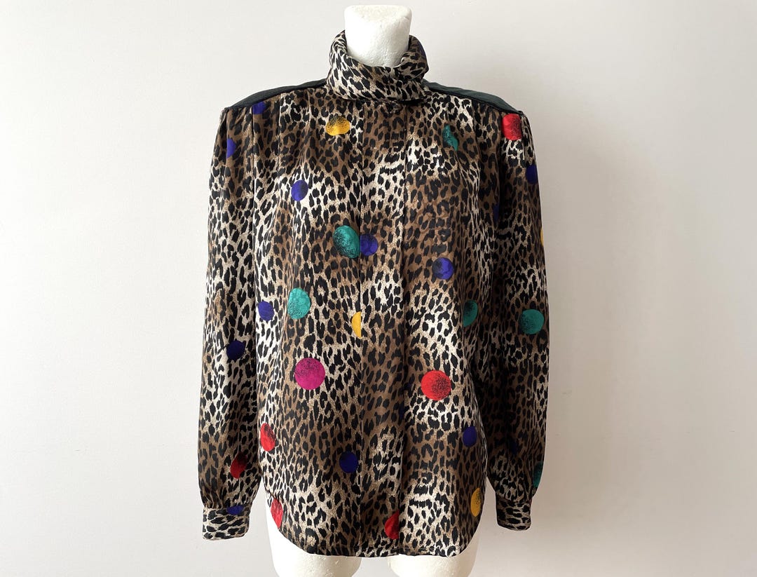 80s Leopard Print Blouse: Silky Polyester Long Sleeve Top (size Medium ...