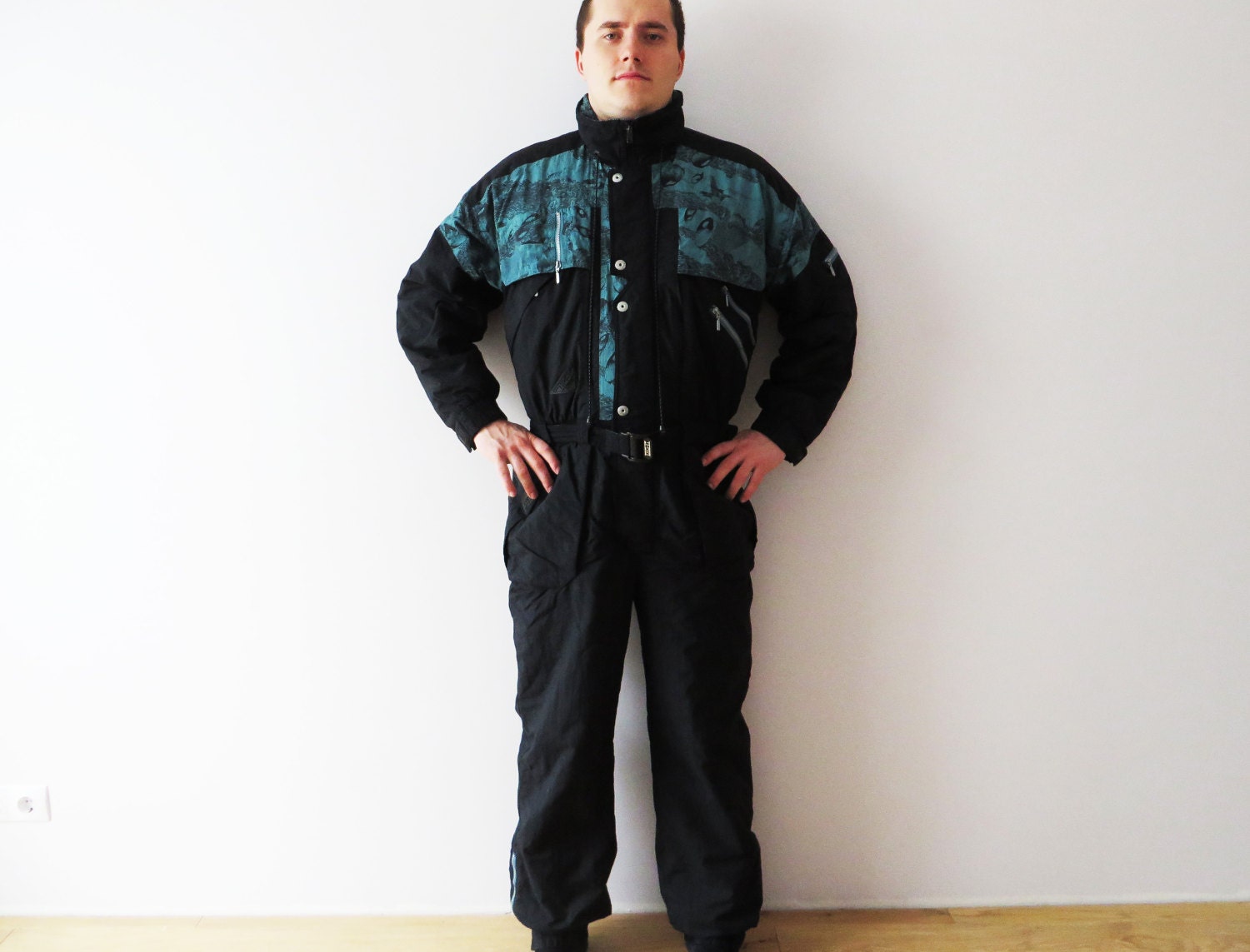 One Piece Ski Suit Black Retro Snowsuit Hipster Snow Pants Slalom ...