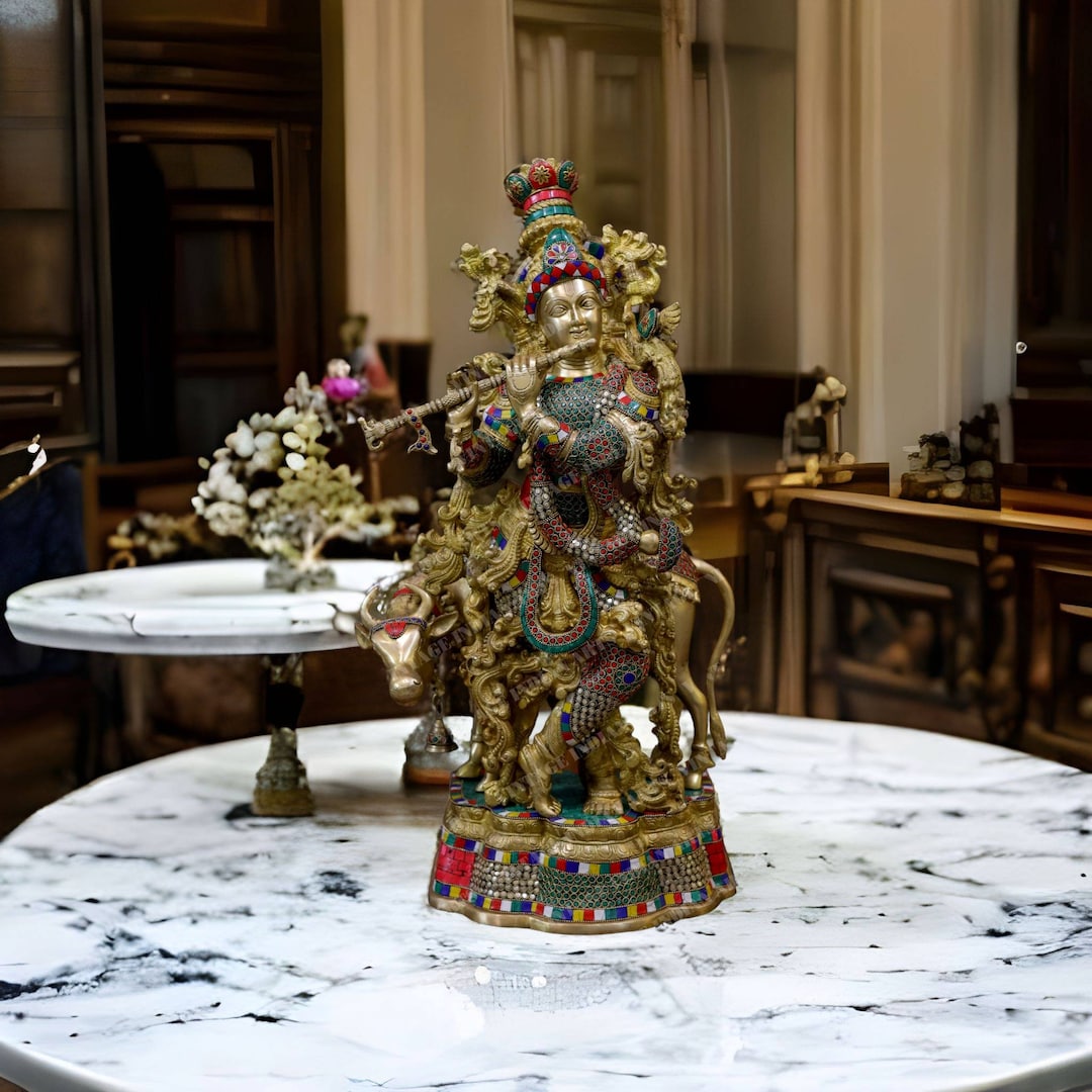 Lord Krishna Statue With Cow in Brass, 67cm Brass Cow Krisna Idol With ...