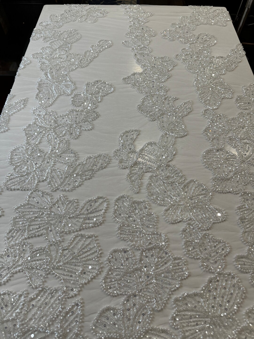 Handmade Bridal Ivory Tulle Fabric: Beaded Sequins & Pearls (per Yard ...