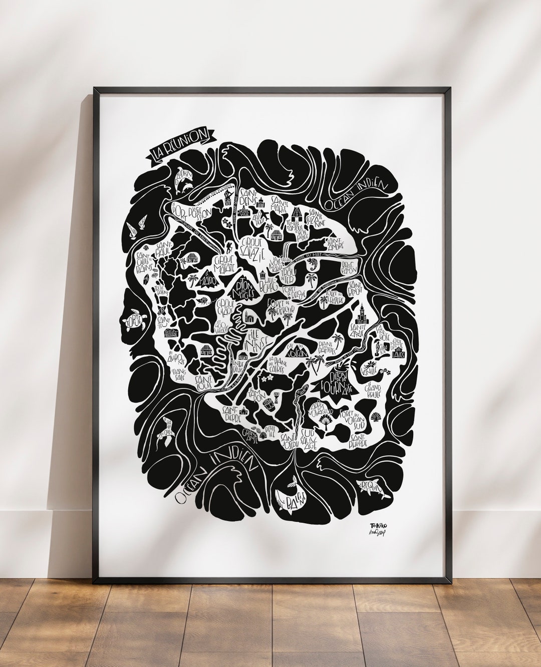Reunion Island Map Poster. Original Handmade Illustration by Tokiko ...
