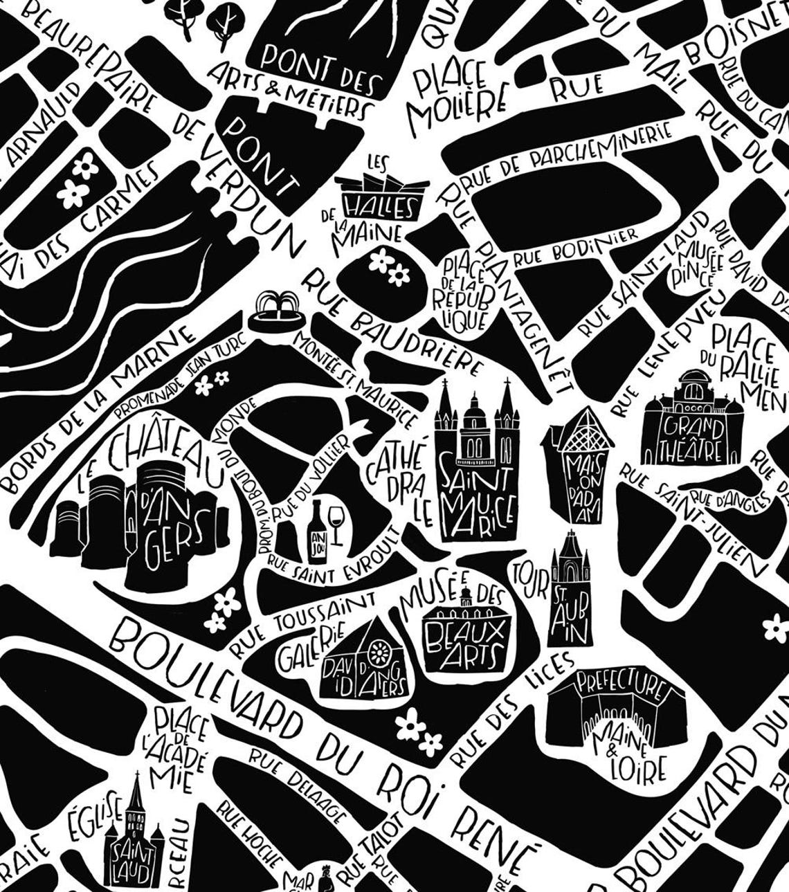 Angers City Map. Cartographic and Decorative Poster by Tokiko. Travel ...