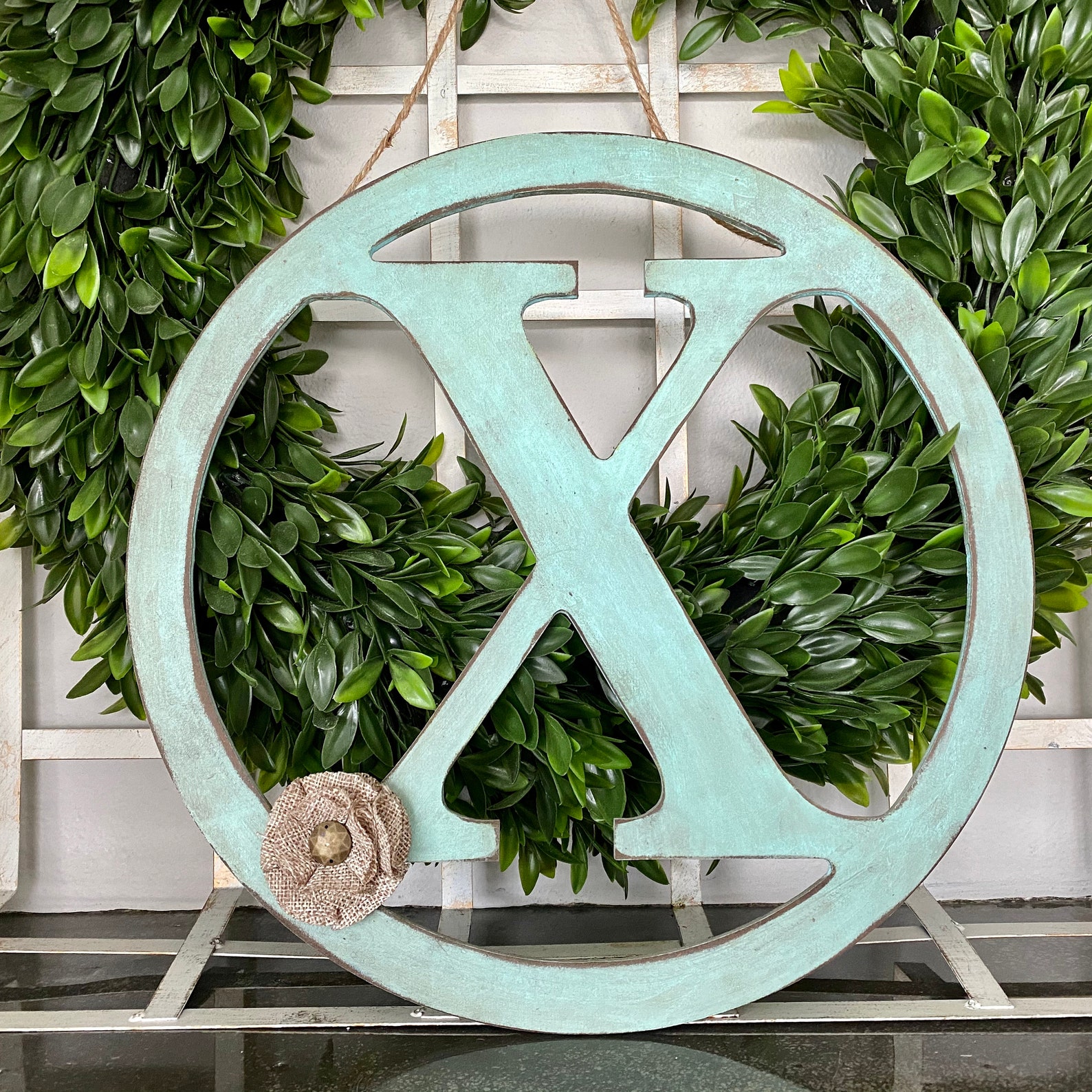 Rustic Distressed Initial Circle Letter X, Rustic Aqua Blue, Door ...