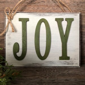 Rustic Joy Sign, Rustic Holiday Decor, Small Hanging Wood Sign, Green & White, Christmas Decor ...